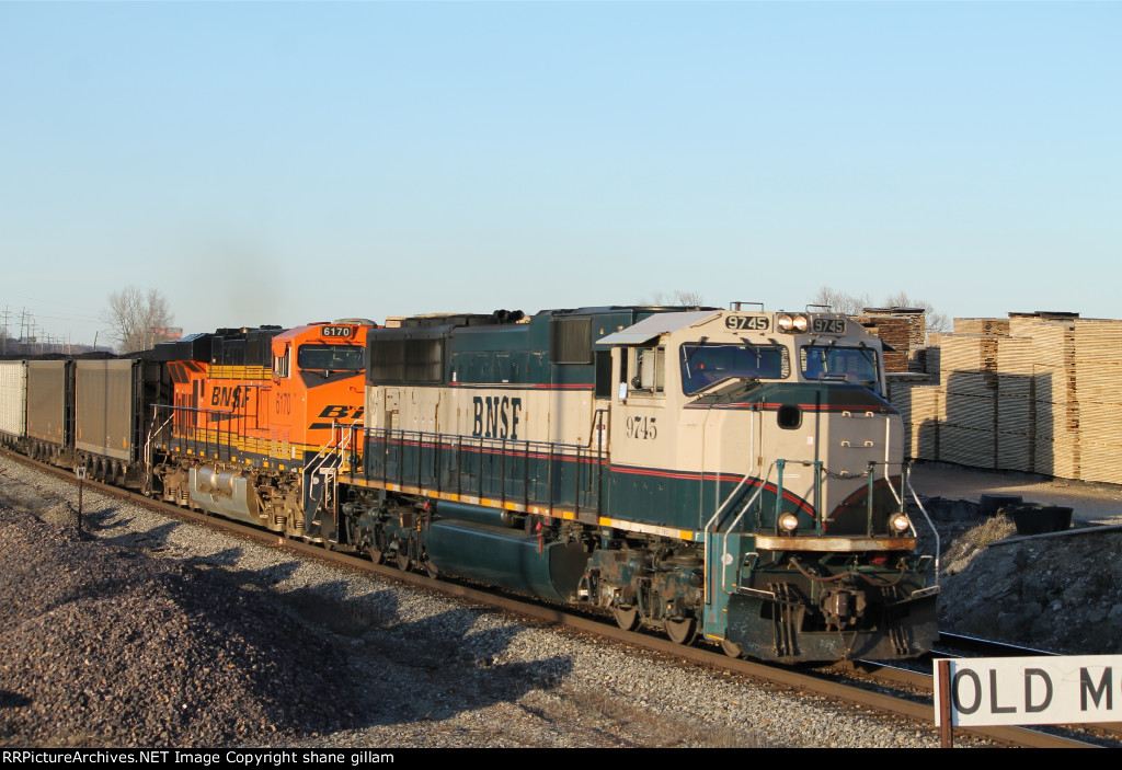 BNSF 9745 Leads a coal train Sb into Old Monroe Mo.